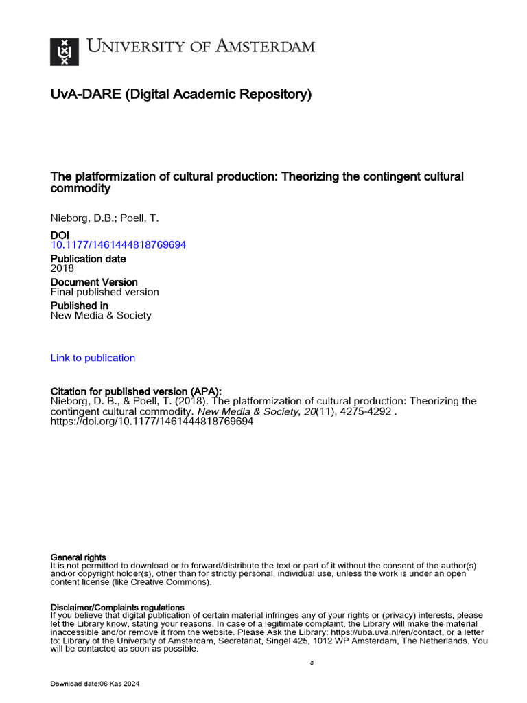 The Platformization of Cultural Production - Theorizing The Contingent ...