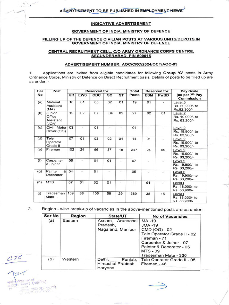 AOC Group C Recruitment 2024 Short Notice | PDF