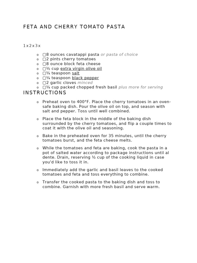 Feta and Cherry Tomato Pasta | PDF