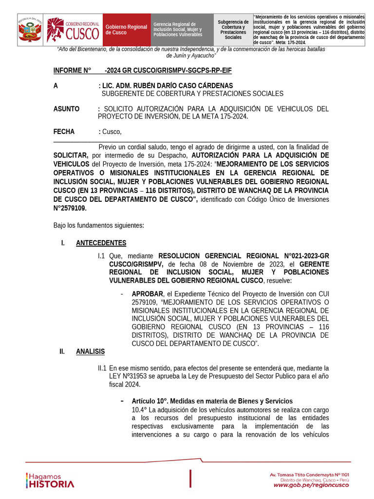 Informe # - Sol Autotizacion de Ad Vehiculos - 175 | PDF | Presupuesto