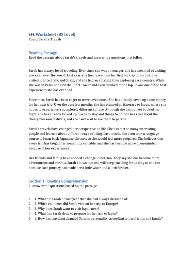 Sarah's Travel Adventures: EFL Worksheet | PDF