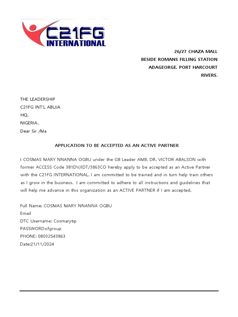 Cosmas Mary Active Partners Application Letter | PDF