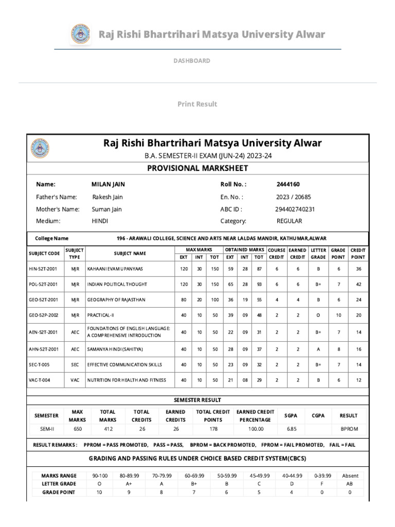 Raj Rishi Bhartrihari Matsya University Alwar | PDF | Course Credit | Students