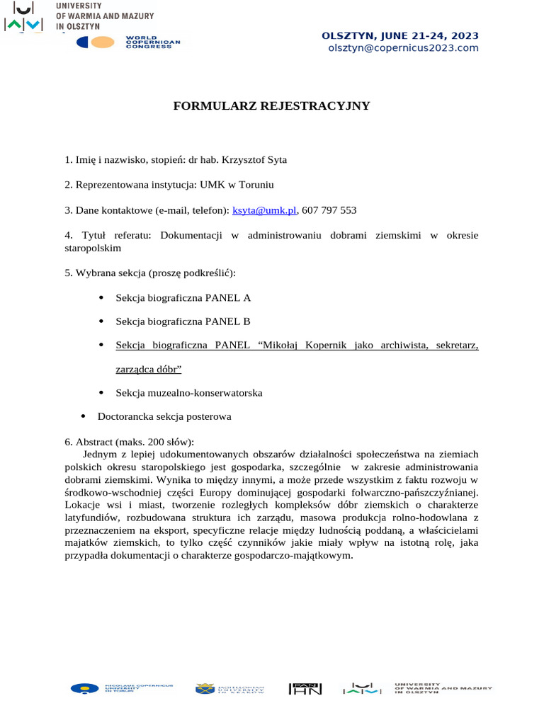 Formularz Rejestracyjny - WCC 2023 | PDF