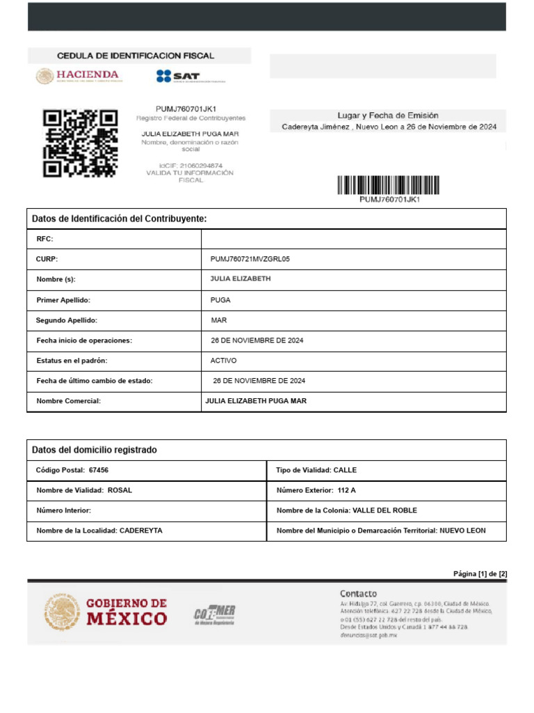 Julia Elizabeth Puga Mar Constancia de Situacion Fiscal 2024 | PDF ...