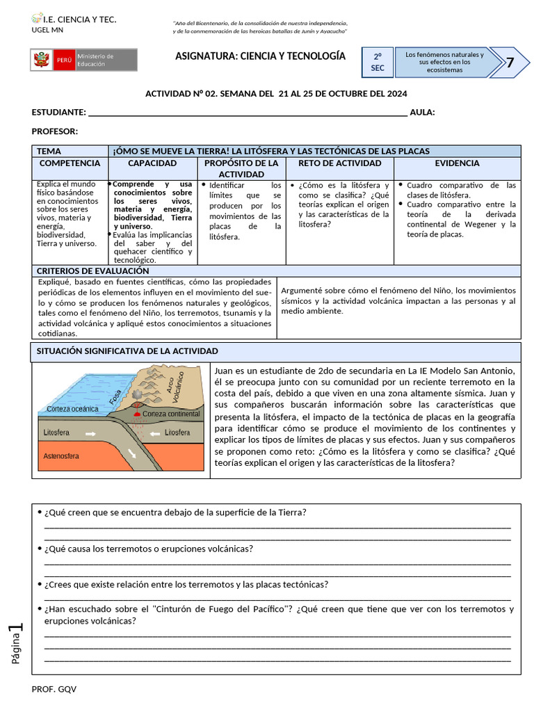 2°sec - UNIDAD 7 - ACTIVIDAD 2 (CyT Explica 2024) - Cómo Se Mueve La Tierra, La Litósfera y Las ...