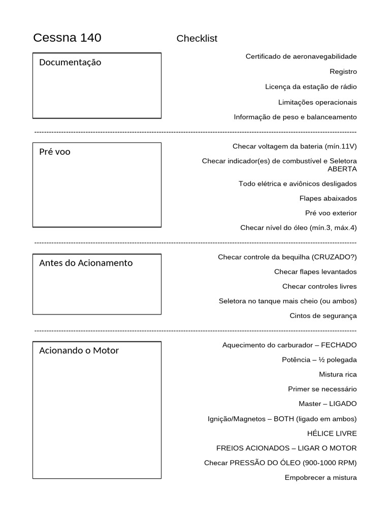 Cessna 140 Checklist - em Português | PDF | Motores | Flap (Aeronáutica)