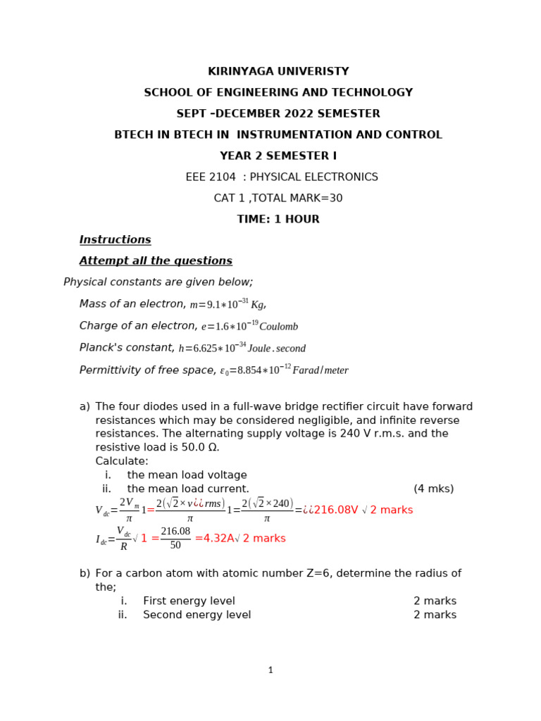 Physical Electronics Exam Questions | PDF | Electronvolt | Hertz