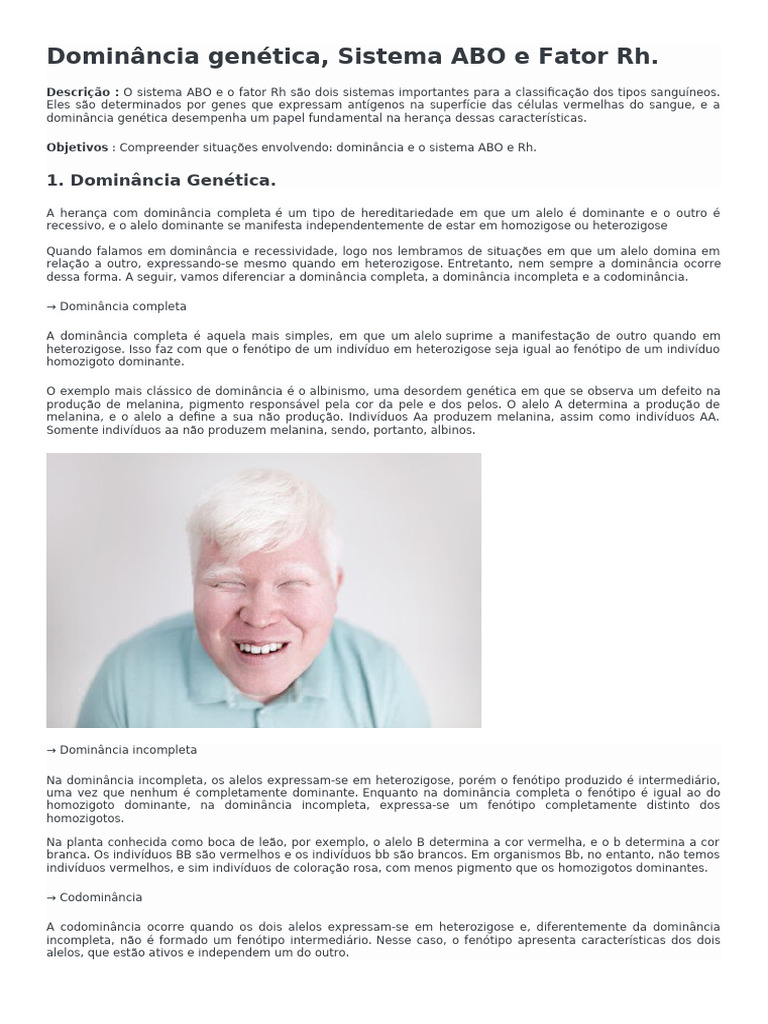Dominância Genética e Tipos Sanguíneos ABO | PDF | Tipo sanguíneo | Alelo