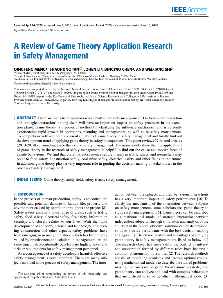 A Review of Game Theory Application Research in Safety Management | PDF | Game Theory | Safety