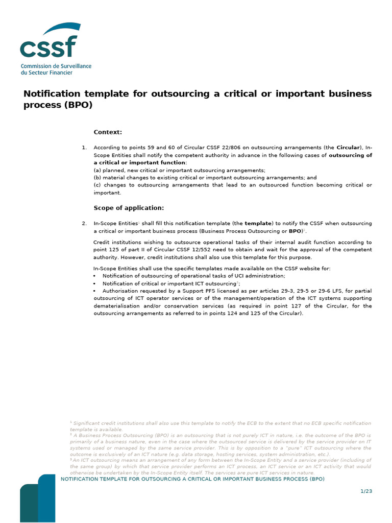 BPO Notification Template for CSSF | PDF | Risk | Internal Control