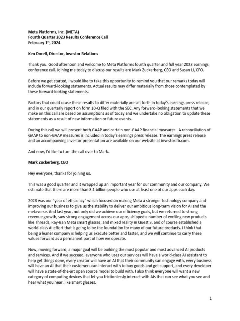 META Q4 2023 Earnings Call Transcript | PDF | Advertising | Artificial ...