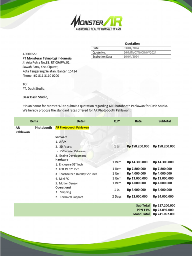 Quotation - AR Photobooth Pahlawan - Dash Studio | PDF | Money