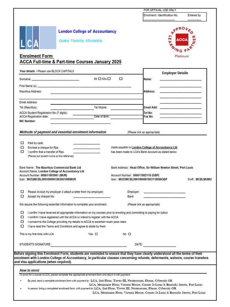 ACCA Course Enrollment Form | PDF