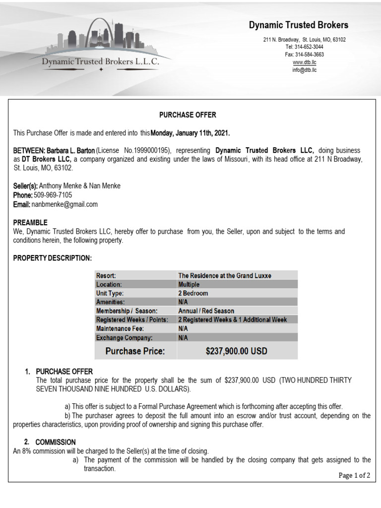 Anthony Menke & Nan Menke - Purchase Offer DTB | PDF | Business Law ...