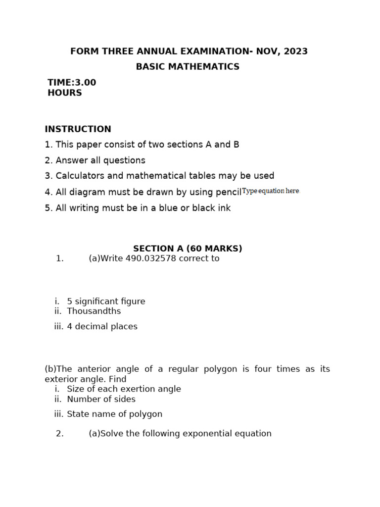 Basic Mathematics Form Three Annual Examination 2023 | PDF | Logarithm ...