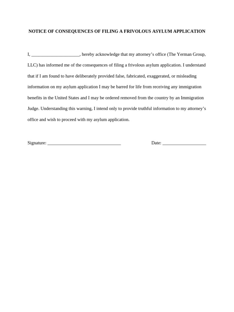 Notice of Consequences of Filing A Frivolous Asylum Application | PDF