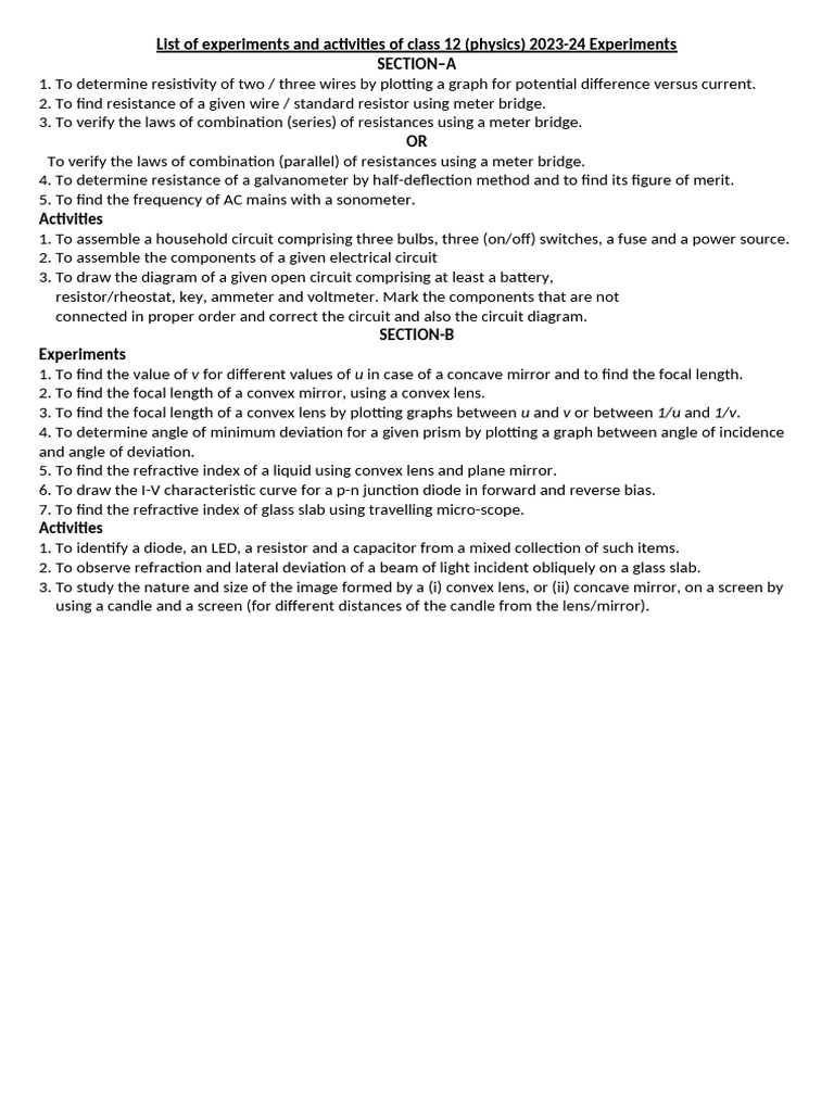 Class 12 Physics Experiments 2023-24 | PDF