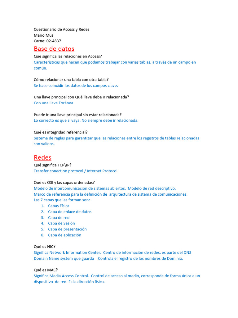 Cuestionario sobre Access y Redes | PDF | Red de computadoras ...