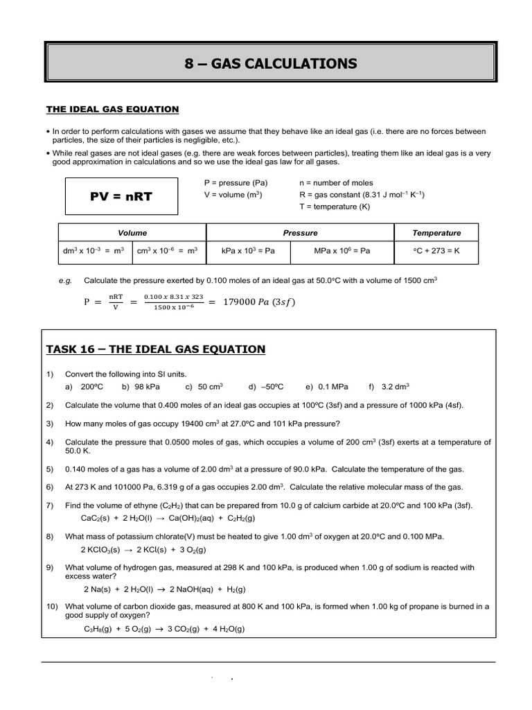Ideal Gases Worksheet | PDF | Gases | Chemical Substances