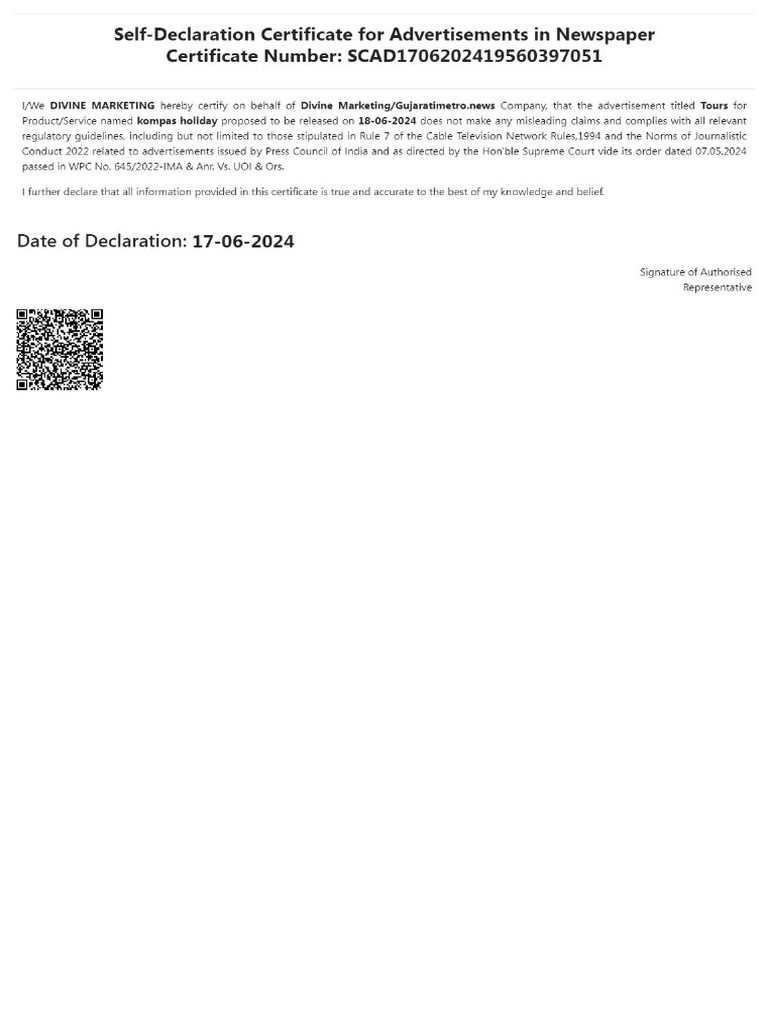 Self Declaration Certificate SCAD1706202419560397051 | PDF