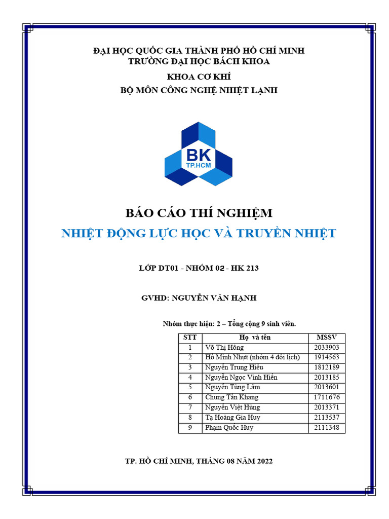 Hk213 Báo cáo thí nghiệm NĐ&TN Nhóm 02 | PDF
