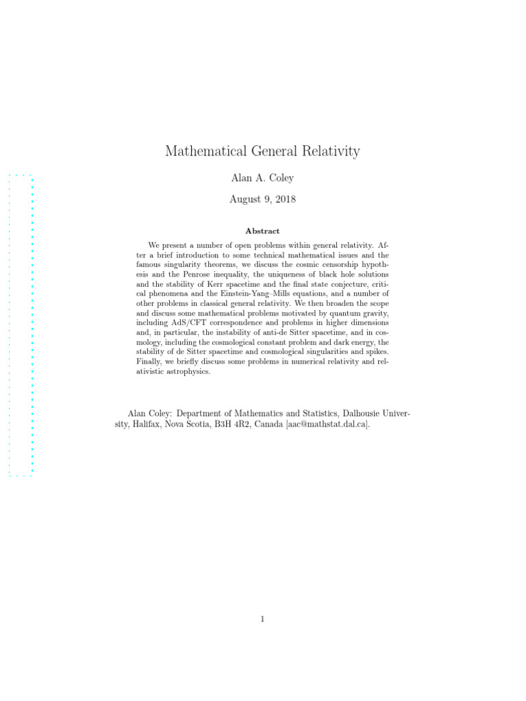 Mathematical General Relativity: Alan A. Coley August 9, 2018 | PDF ...