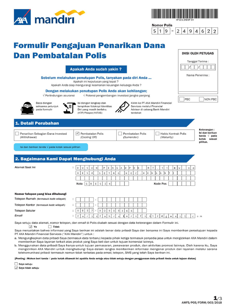 Formulir Pengajuan Penarikan Dana Dan Pembatalan Polis-Final | PDF