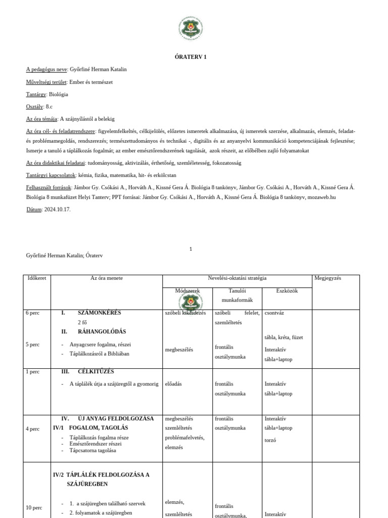 ÓRATERV Előbél GyHK | PDF