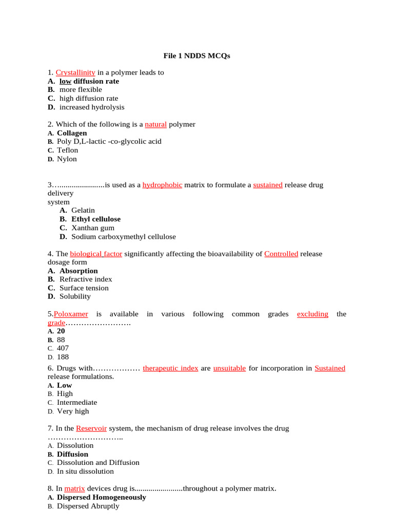 File 1 Extra MCQs NDDS | PDF | Pharmaceutical Sciences | Chemistry