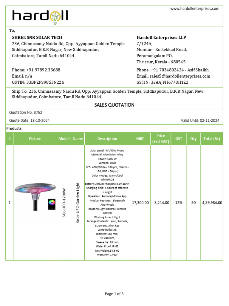 Quotation - 3752 - Shree SNR Solar Tech | PDF