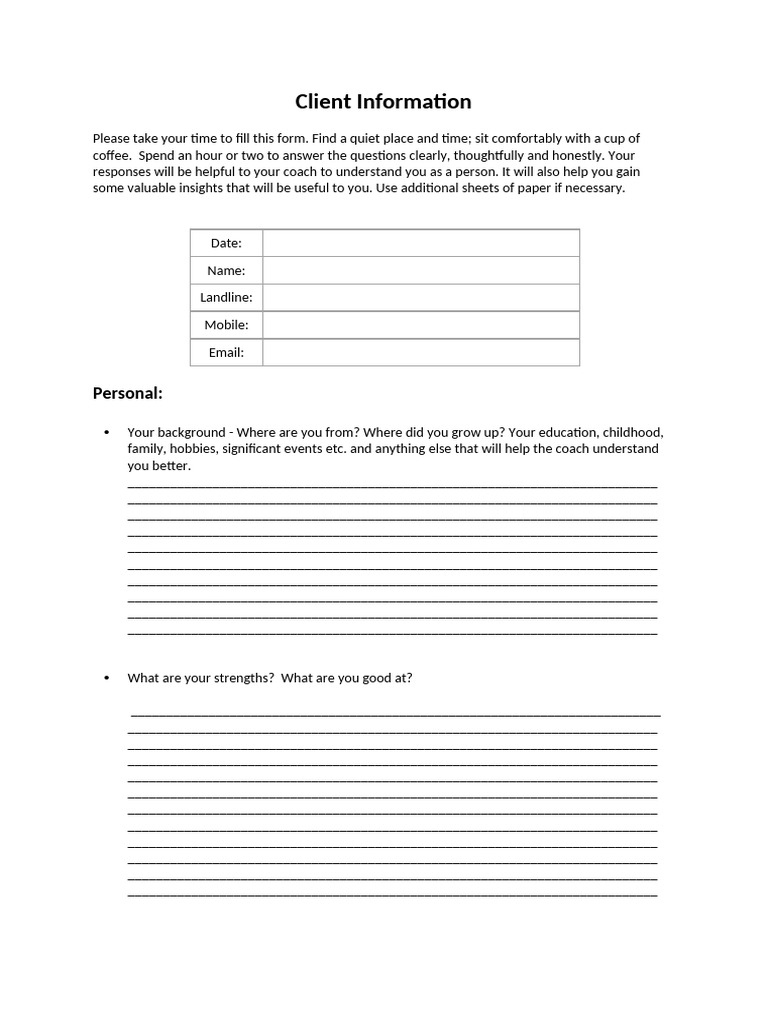 Client Intake Form | PDF | Goal | Behavioural Sciences