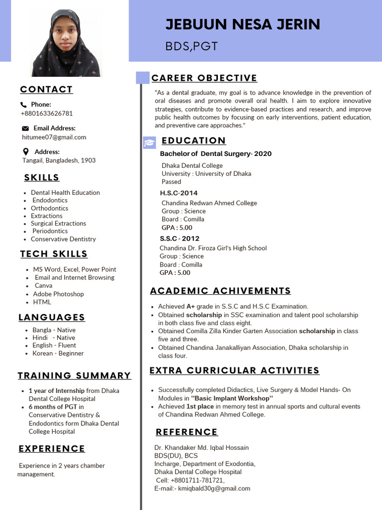 Jebuun Nesa Jerin: BDS, PGT | PDF | Dental Degree | Dentistry