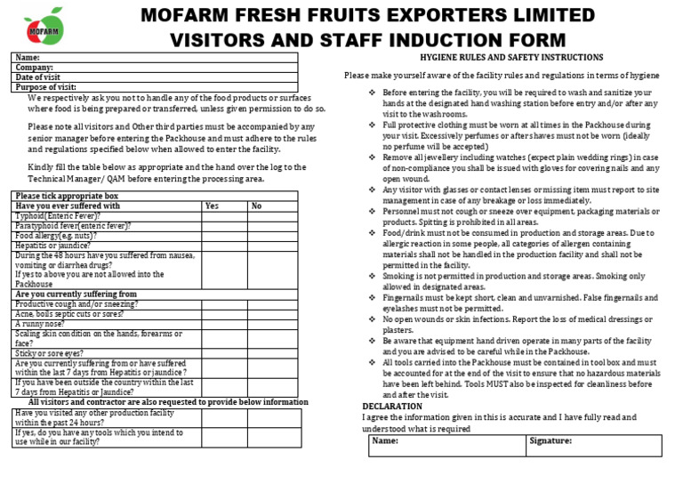 Visitor and Staff Induction | PDF | Hygiene | Public Health