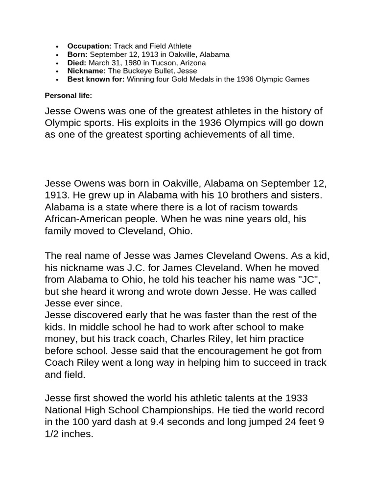 Jesse Owens: Olympic Legend and Trailblazer | PDF