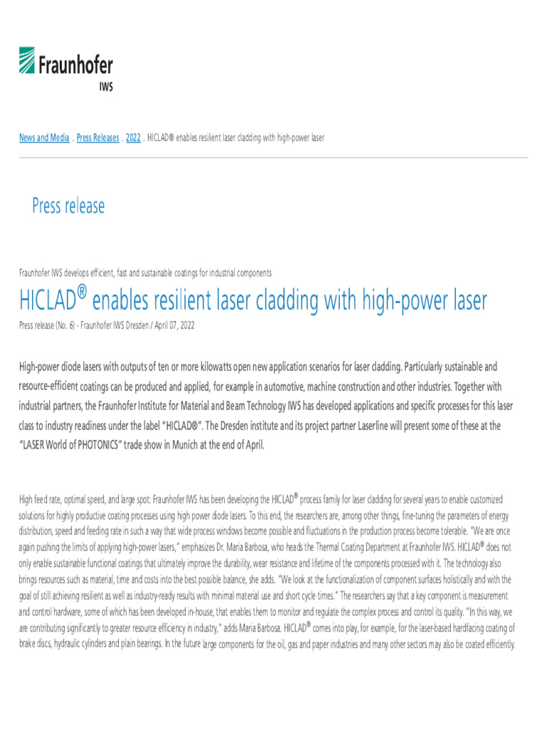 FRAUNHOFER IWS. HICLAD® Enables Resilient Laser Cladding With High ...