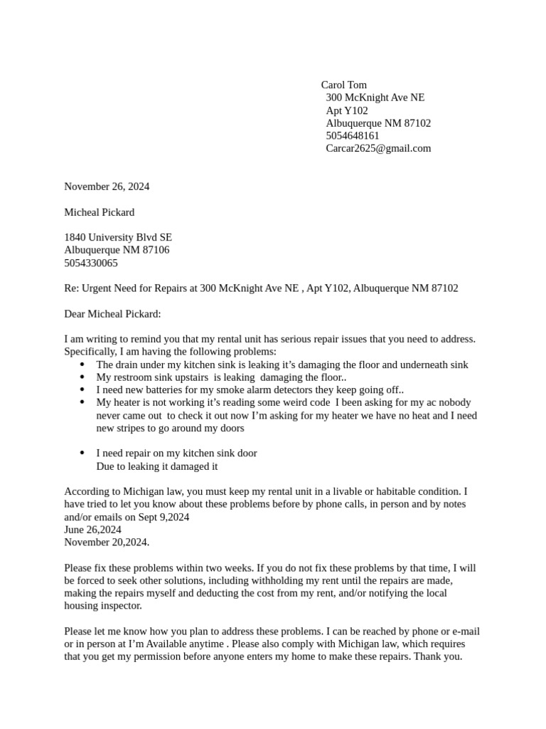 Letter To Landlord Asking For Repairs 2 | PDF | Registered Mail | Mail