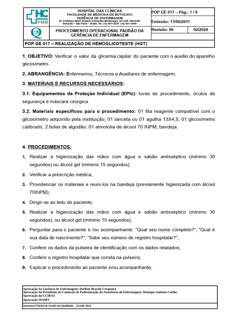 Pop Ge 017 - Realizacao de Hemoglicoteste HGT | PDF | Enfermagem | Remédio