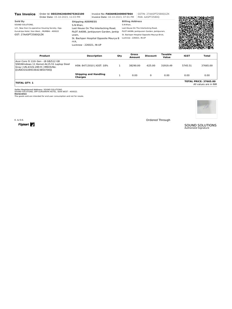 Tax Invoice for Acer Laptop Purchase | PDF | Taxes | Government Finances