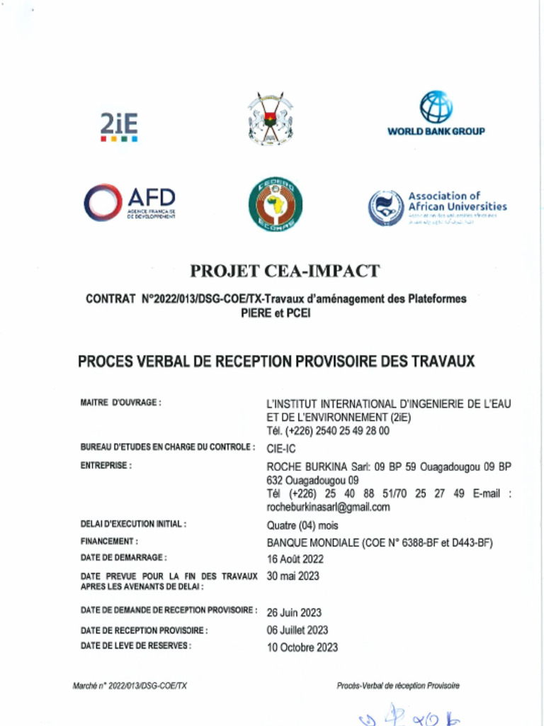 Proces Verbal de Reception Provisoire Travaux CoE | PDF