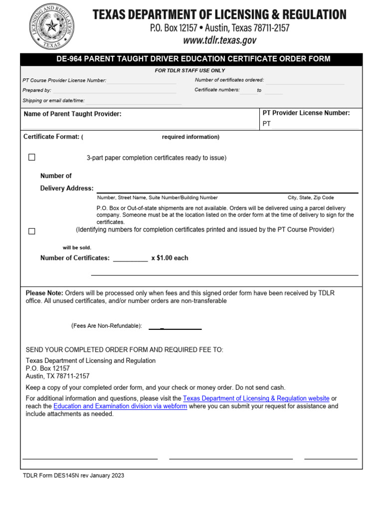 Parent Taught Driver Ed Certificate Order | PDF