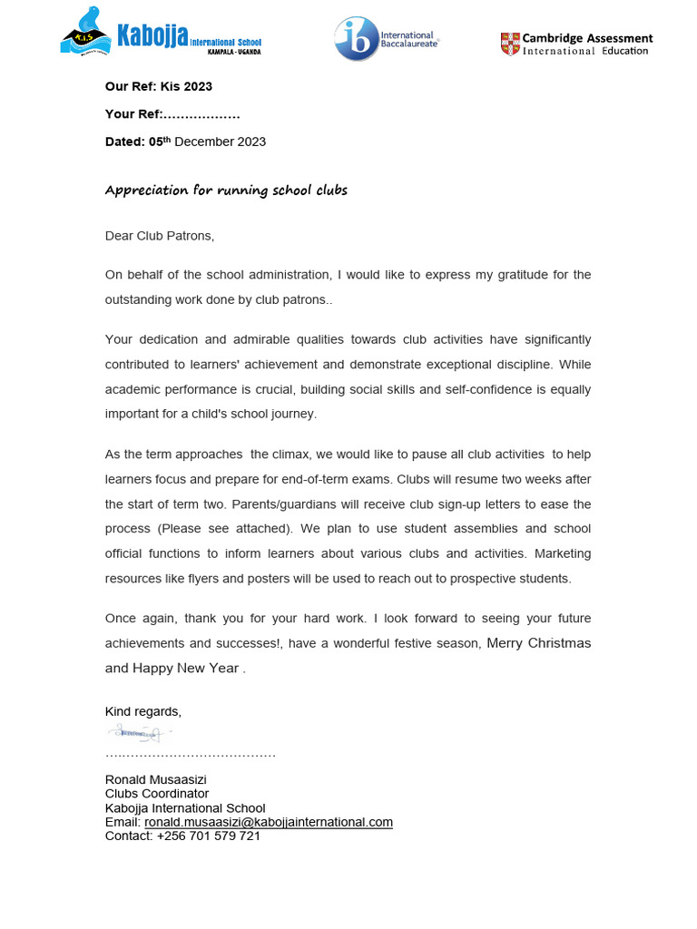 Thank You Letter To Club Patrons. End of Term One | PDF