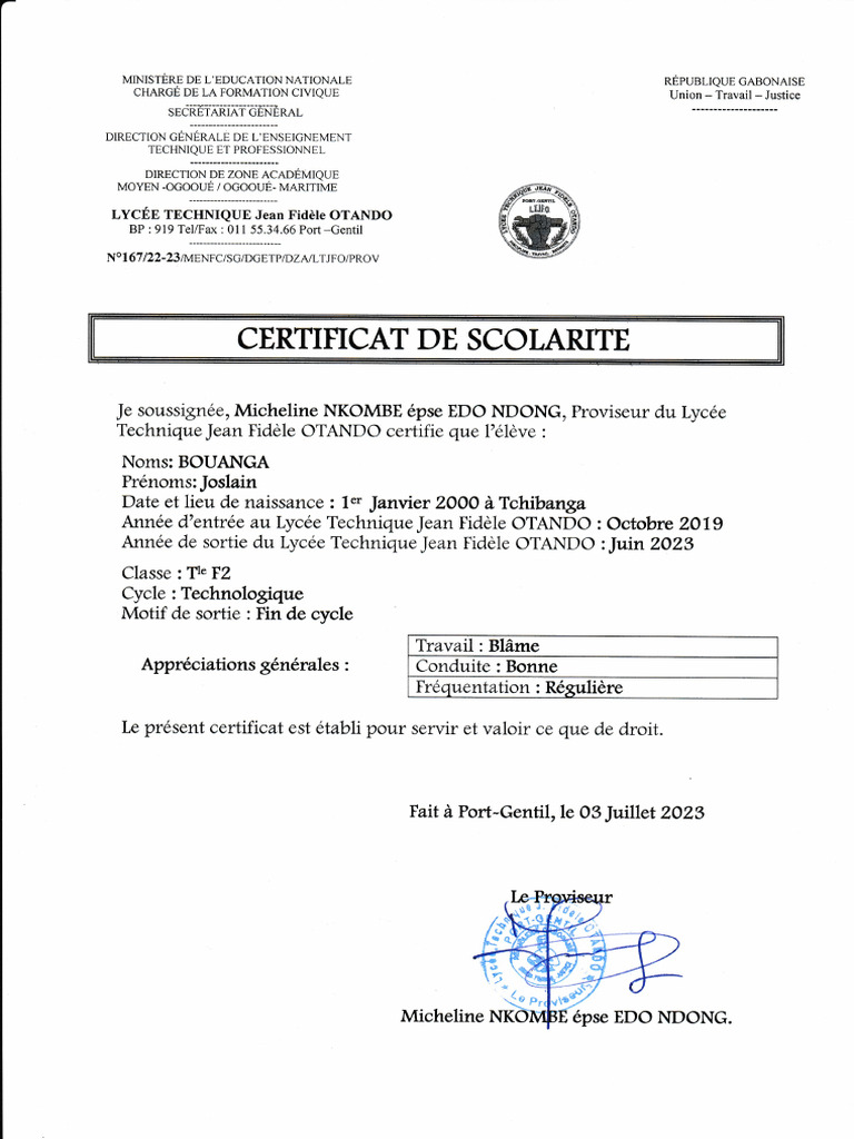 Certificat de Scolarité | PDF