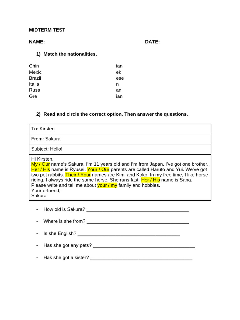 Midterm Test: English Language Skills | PDF | Room | Home