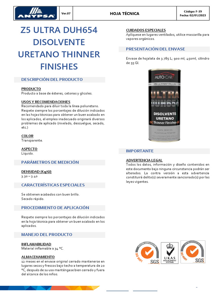 Disolvente Uretano Z5 Ultra DUH654 | PDF | Poliuretano