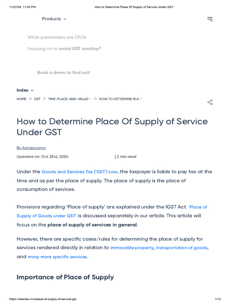 How To Determine Place of Supply of Service Under GST | PDF | Taxes ...
