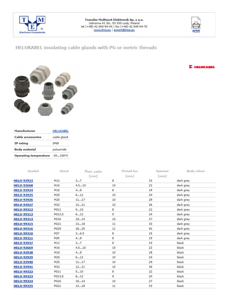 HELUKABEL Insulating Cable Glands With PG or Metric Threads, HELU-93923 ...