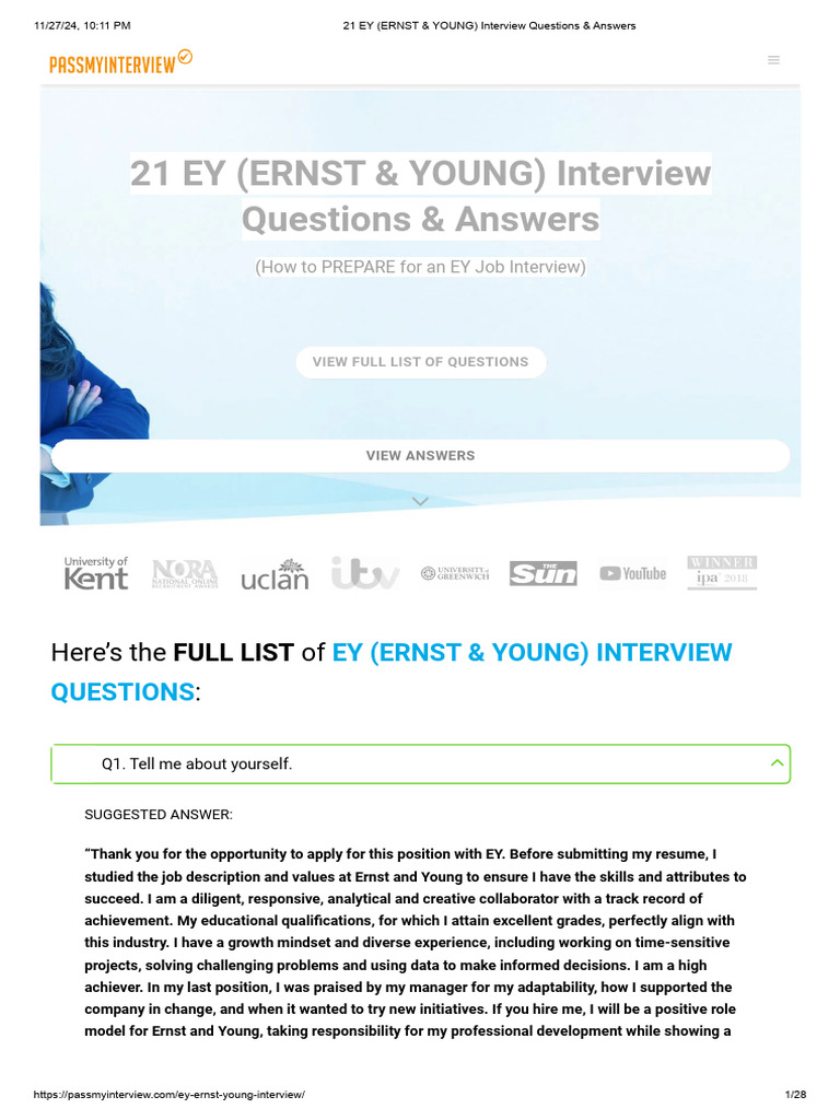 EY Interview Prep: 21 Questions & Tips | PDF | Critical Thinking | Leadership