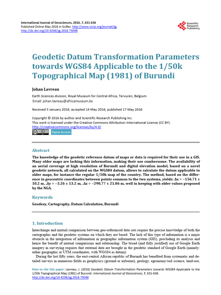 Geodetic Datum Transformation Parameters Towards WGS84 Applicable To ...