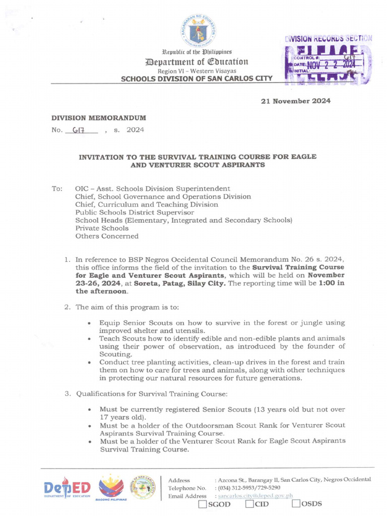 Div. Memo No. 617 S 2024 Invitation To The Survival Training Course For ...